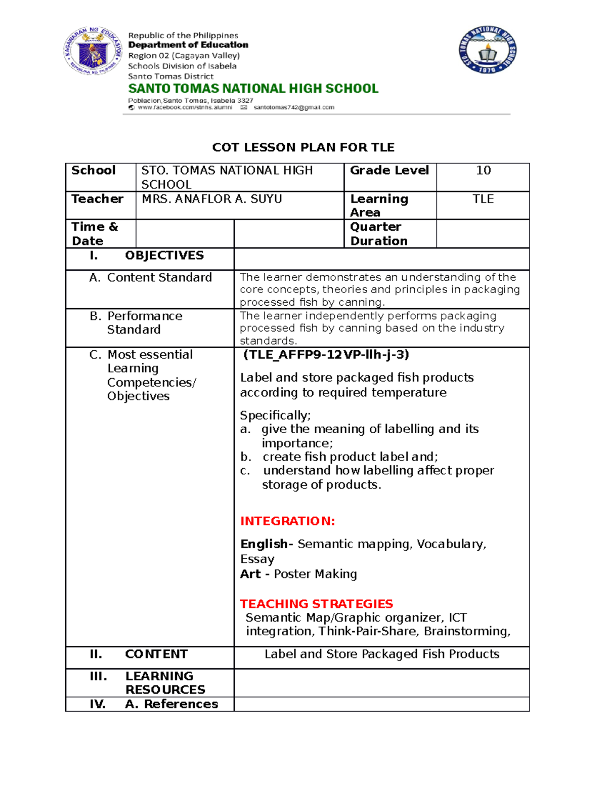 COT Lesson PLAN FOR TLE-2nd - COT LESSON PLAN FOR TLE School STO. TOMAS ...