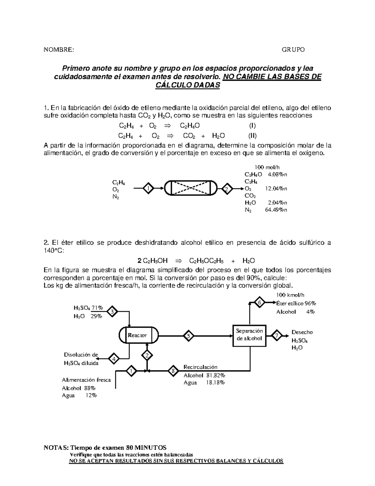 Examen de Química: Producción de Éter Etílico y Cálculos (Grupo 1 ...