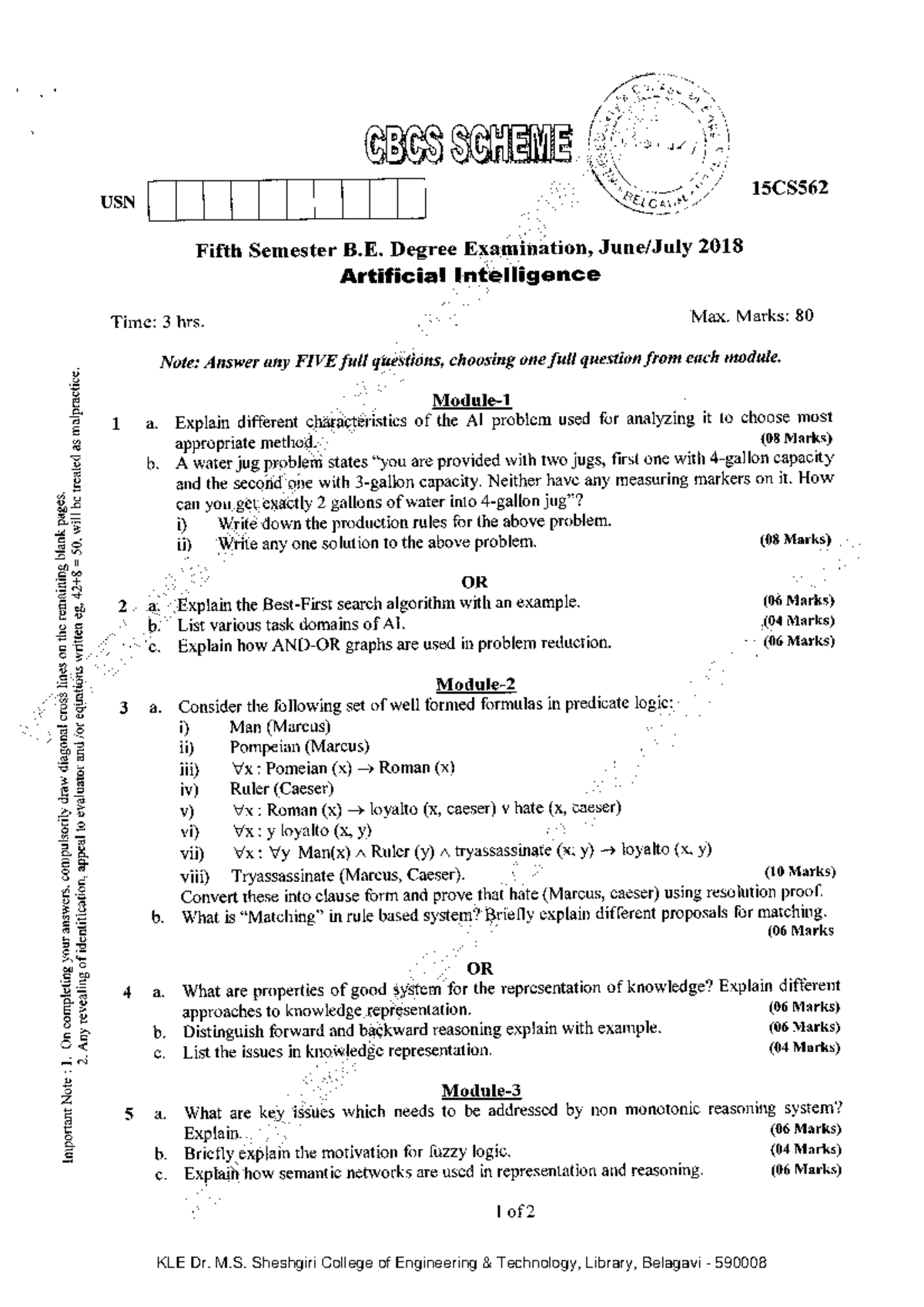 AI -June-July 2018 - question paper - artificial intelligence - KLE Dr ...