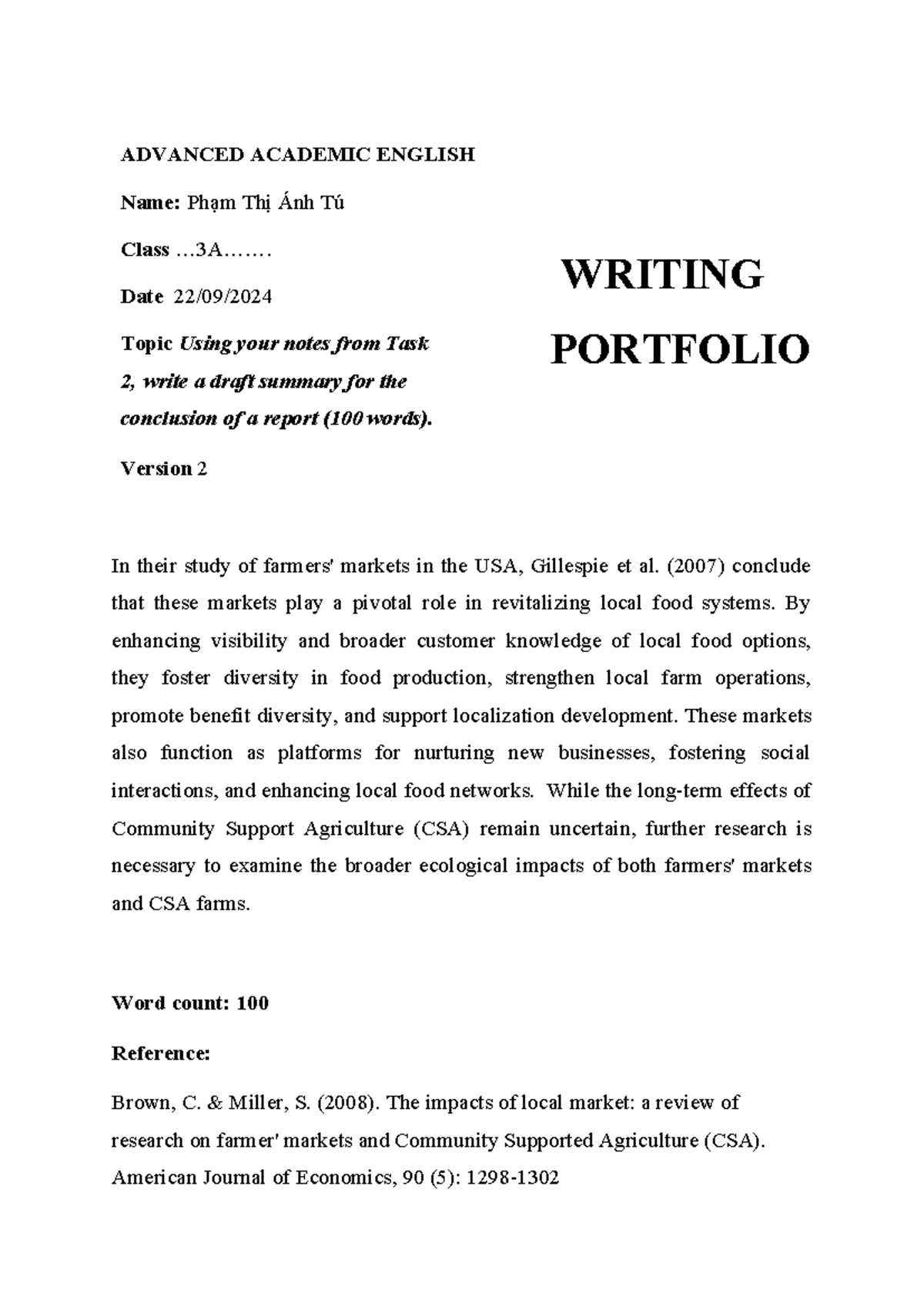 Lesson 3 draft 2 - Summary essay - ADVANCED ACADEMIC ENGLISH WRITING ...