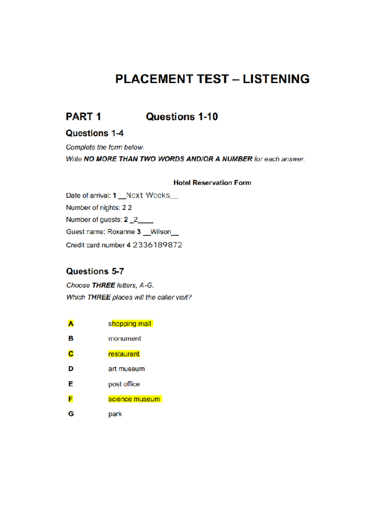 Reading Placement Test Ver1: Listening Part 1 Questions - Studocu