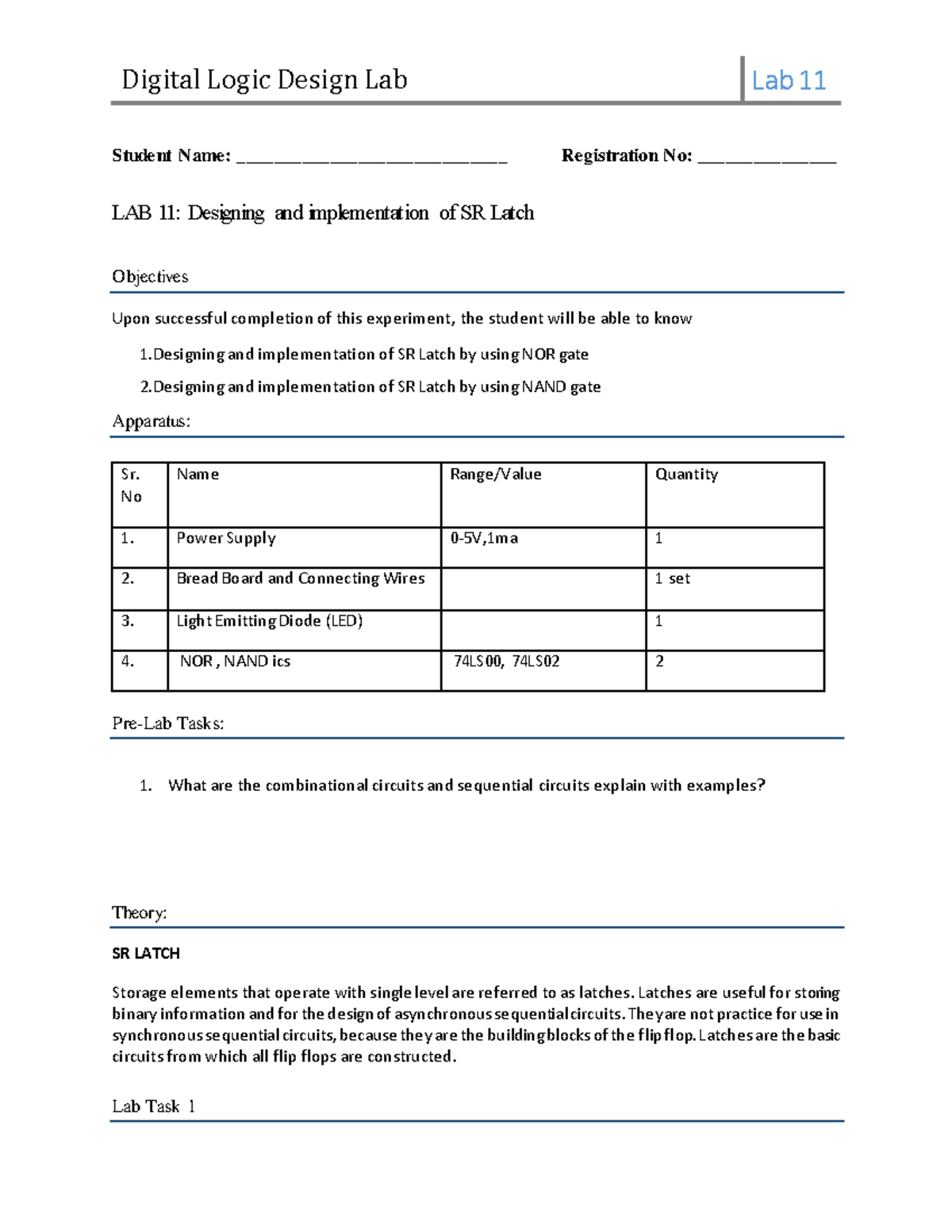 LAB 11 - Digital Logic Design: SR Latch Implementation - Studocu