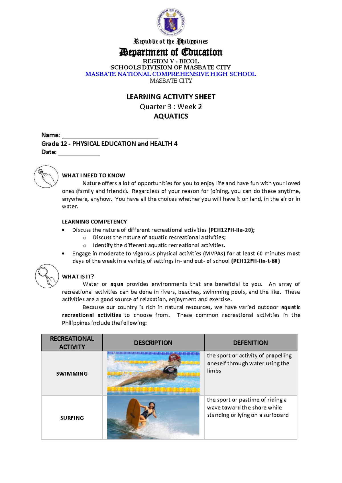 PE4 Learning Activity Sheet Q3: Week 2 - Aquatics for Grade 12 - Studocu