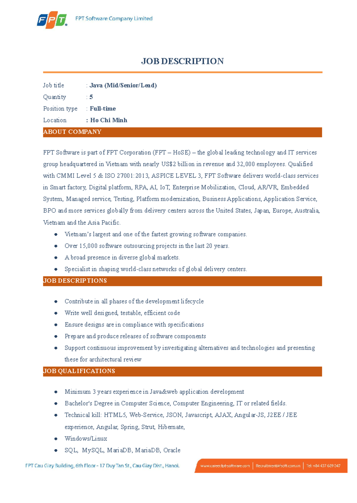 ETC FPT-Software JD Java - JOB DESCRIPTION Job title : Java (Mid/Senior ...
