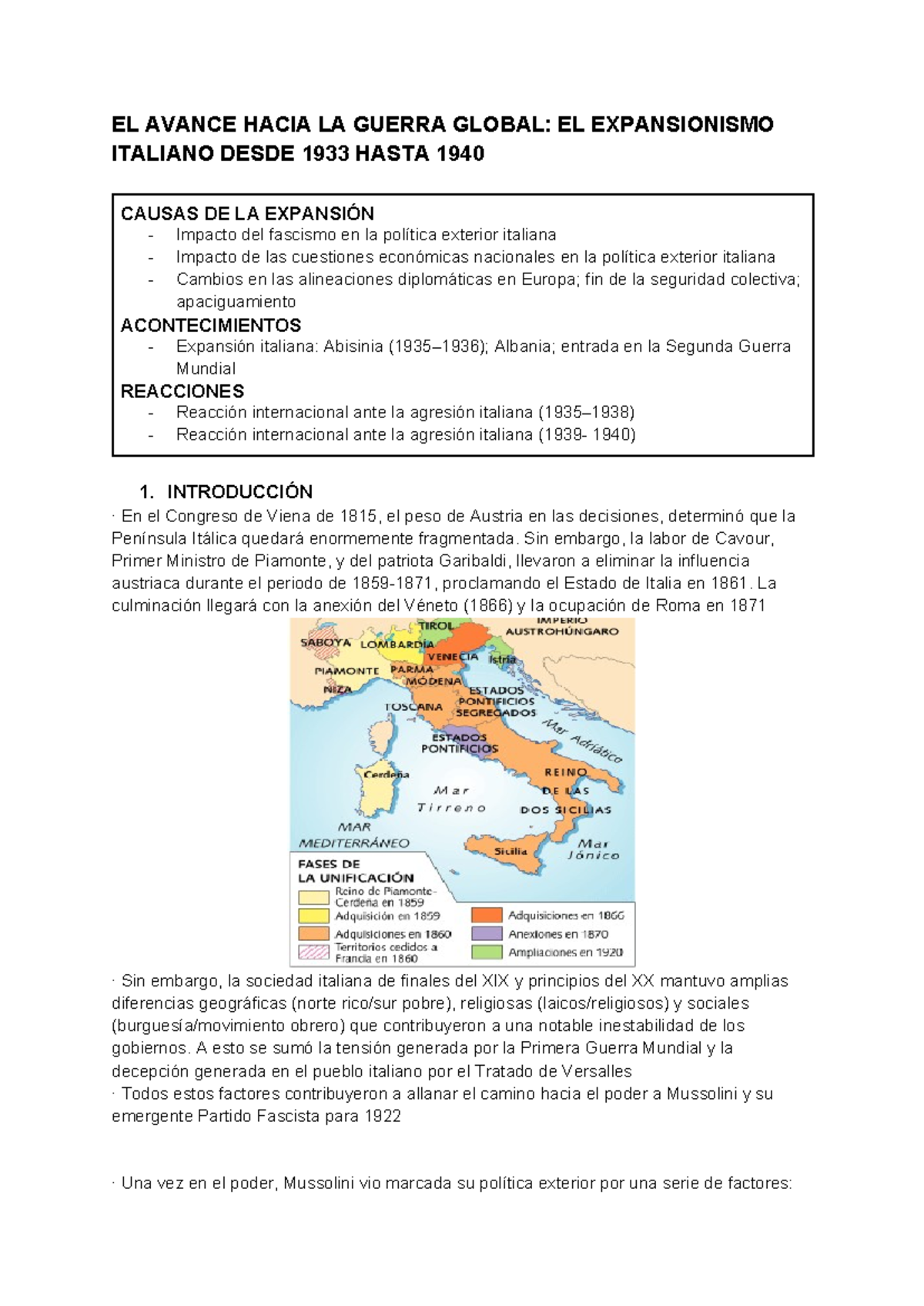 El expansionismo italiano (1933-1940): Causas y Consecuencias - Studocu