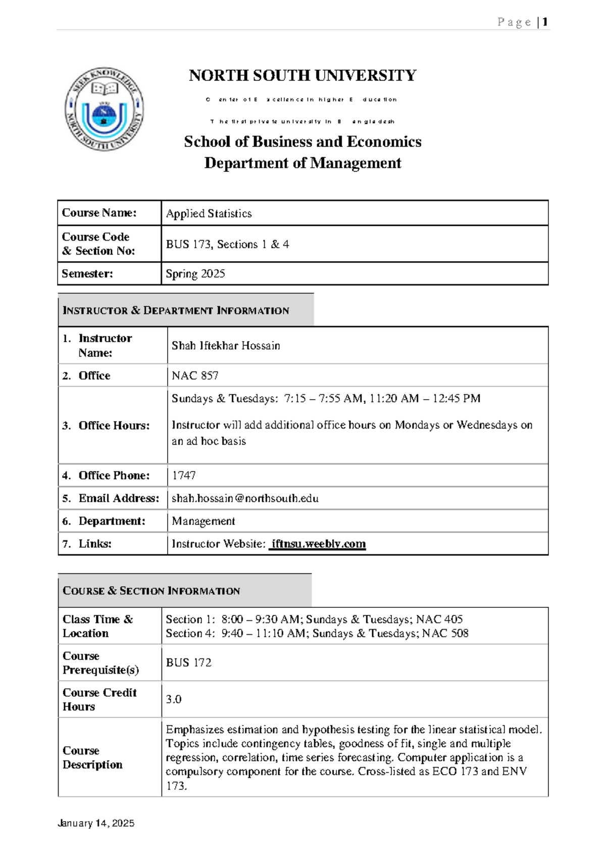 BUS 173 Syllabus: Applied Statistics Course Overview for Spring 2025 - Studocu