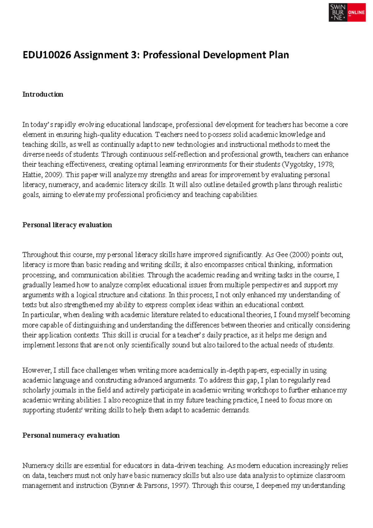 EDU10026 Assignment 3 - Professional Development Plan Analysis - Studocu
