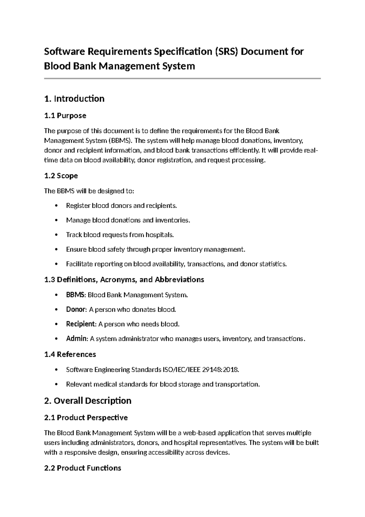 SRS Document for Blood Bank Management System (BBMS) Overview - Studocu