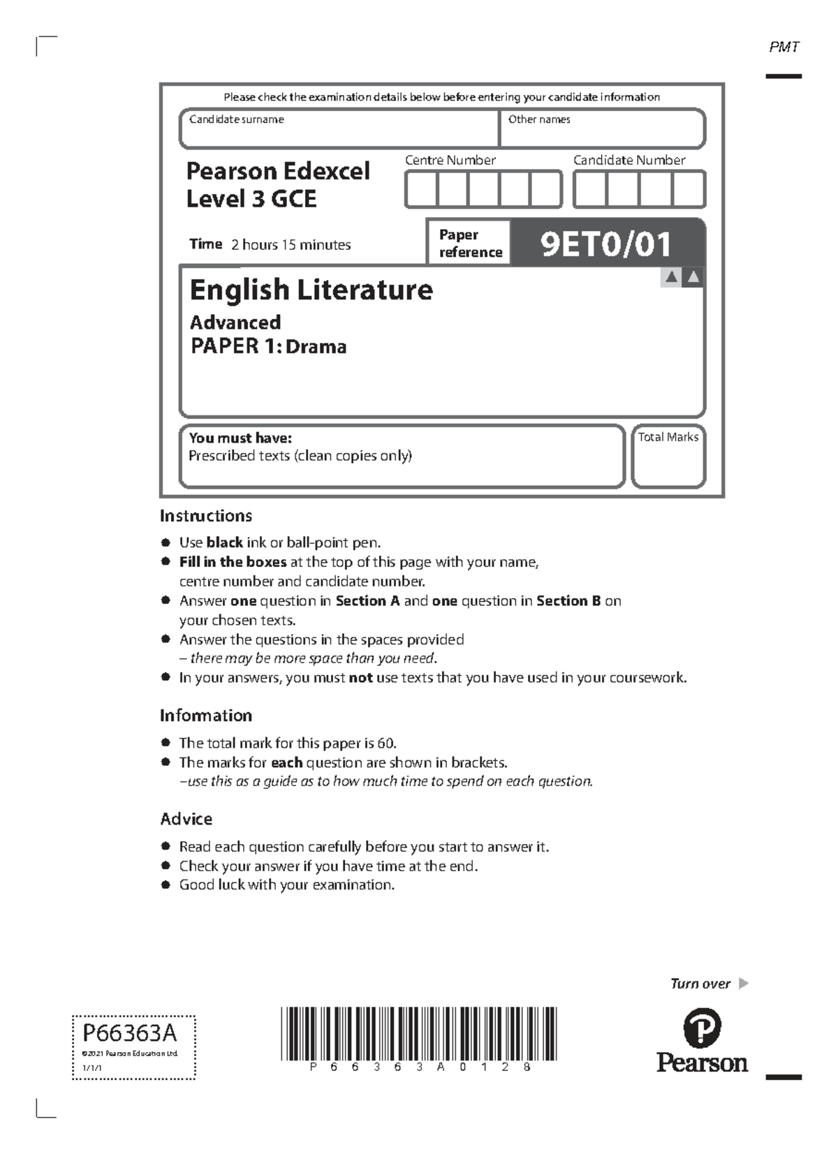 June 2021 Edexcel A-level English Literature Paper 1 Exam Guide - Studocu