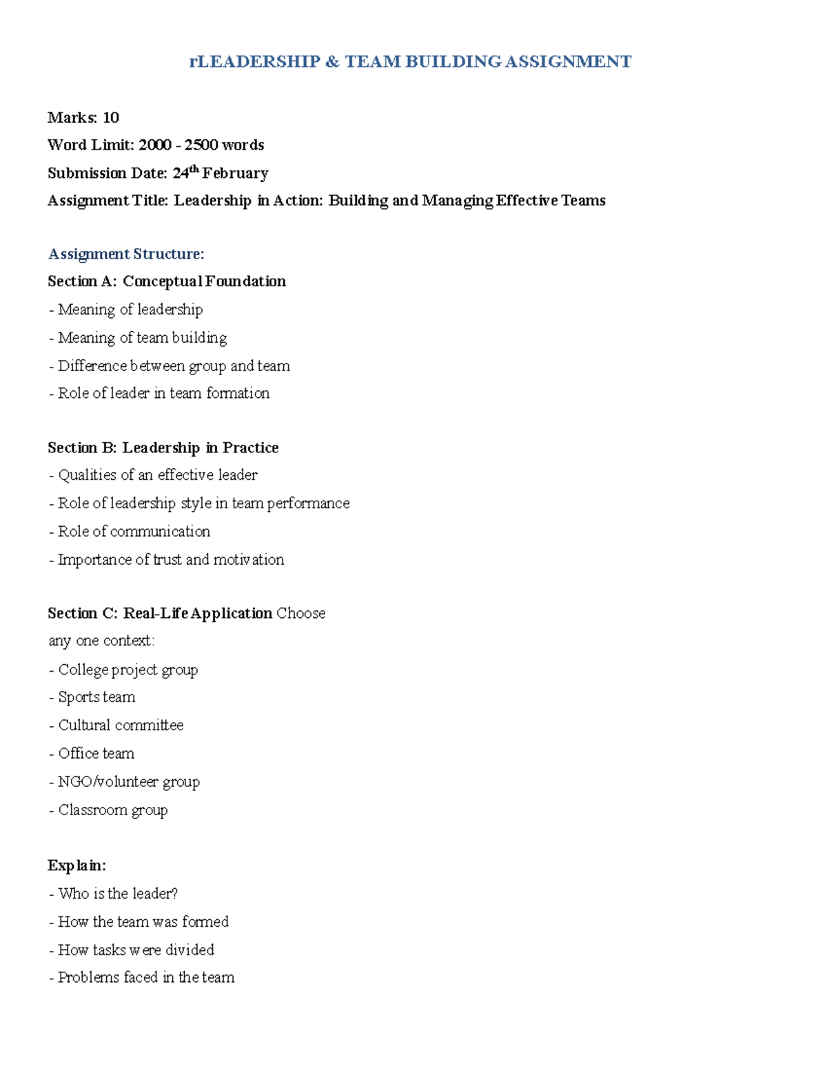 Leadership in Action: Team Building Assignment (Marks: 10) - Studocu