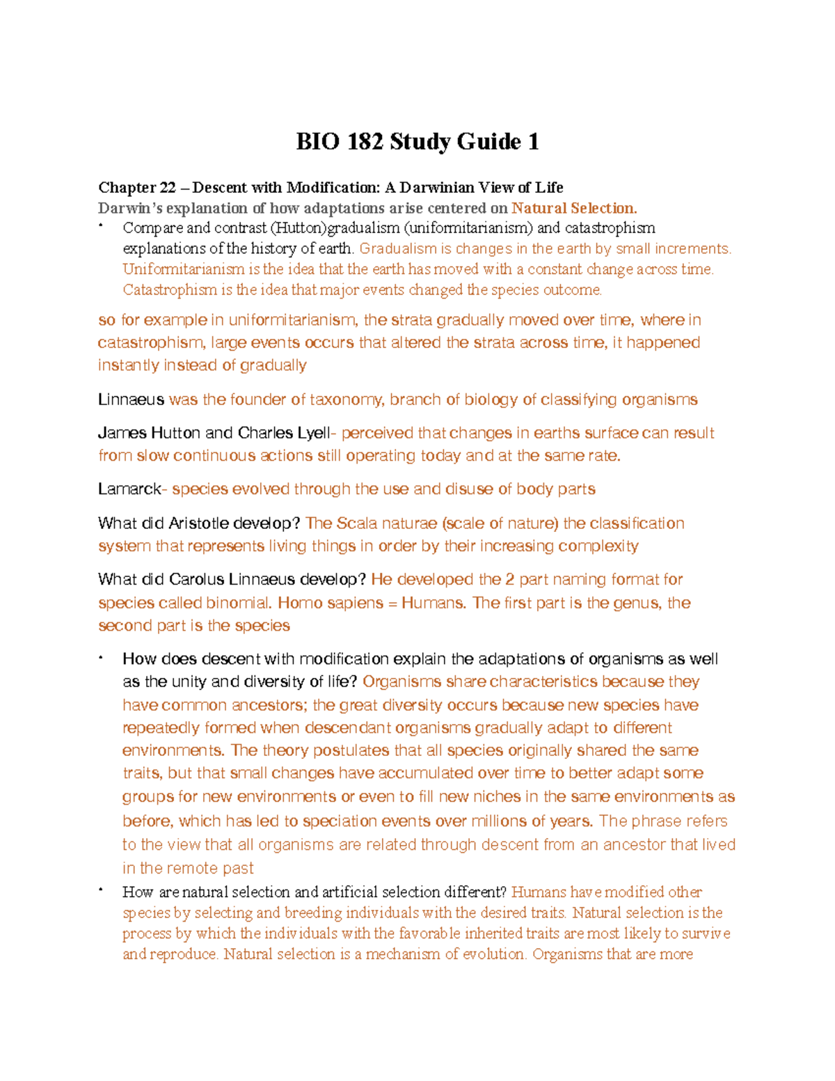 BIO 182 Study Guide 1 - Key Concepts on Evolution and Natural Selection ...