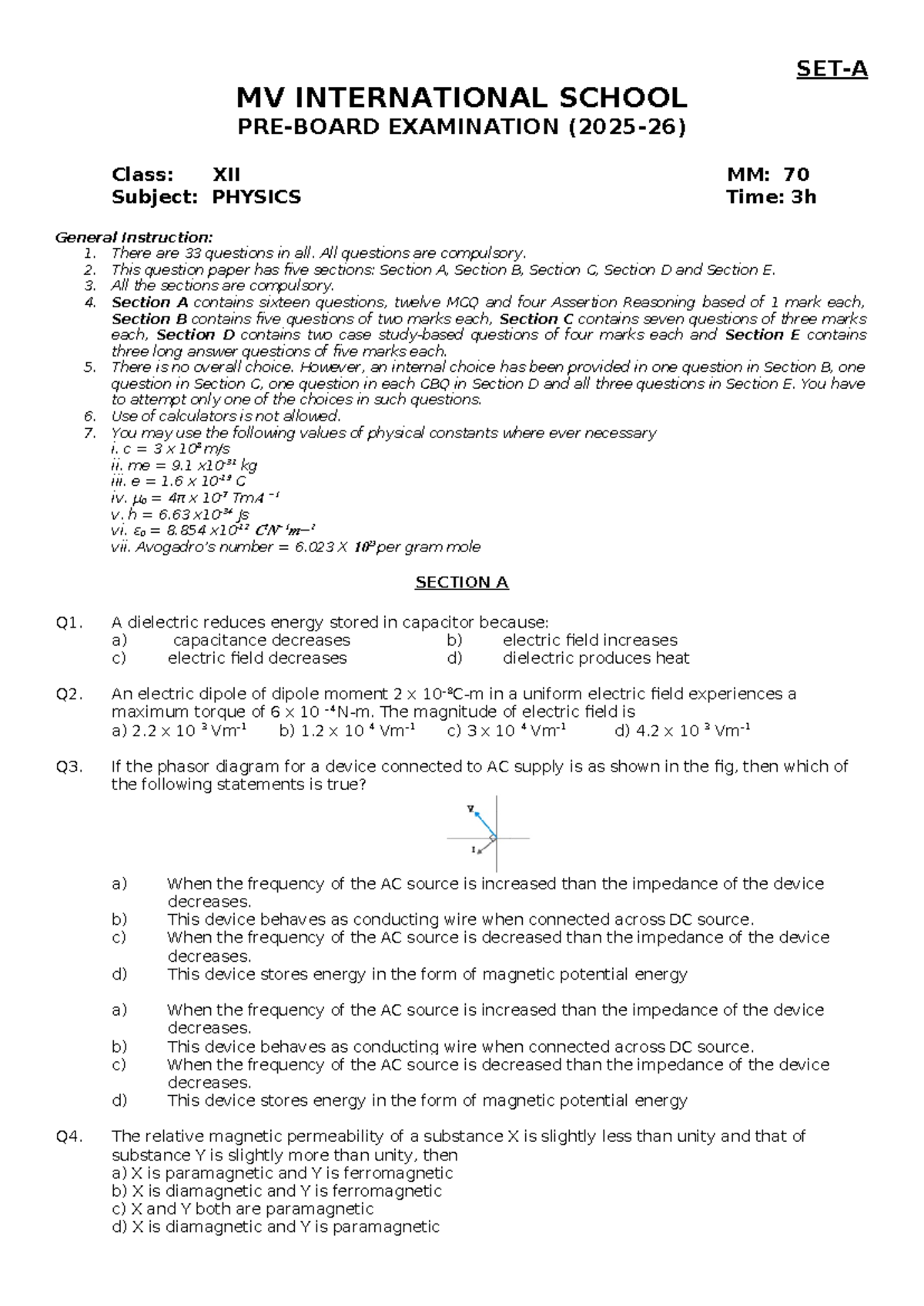PB PHY XII SET A 2025-26 - Practice Examination Paper - Studocu