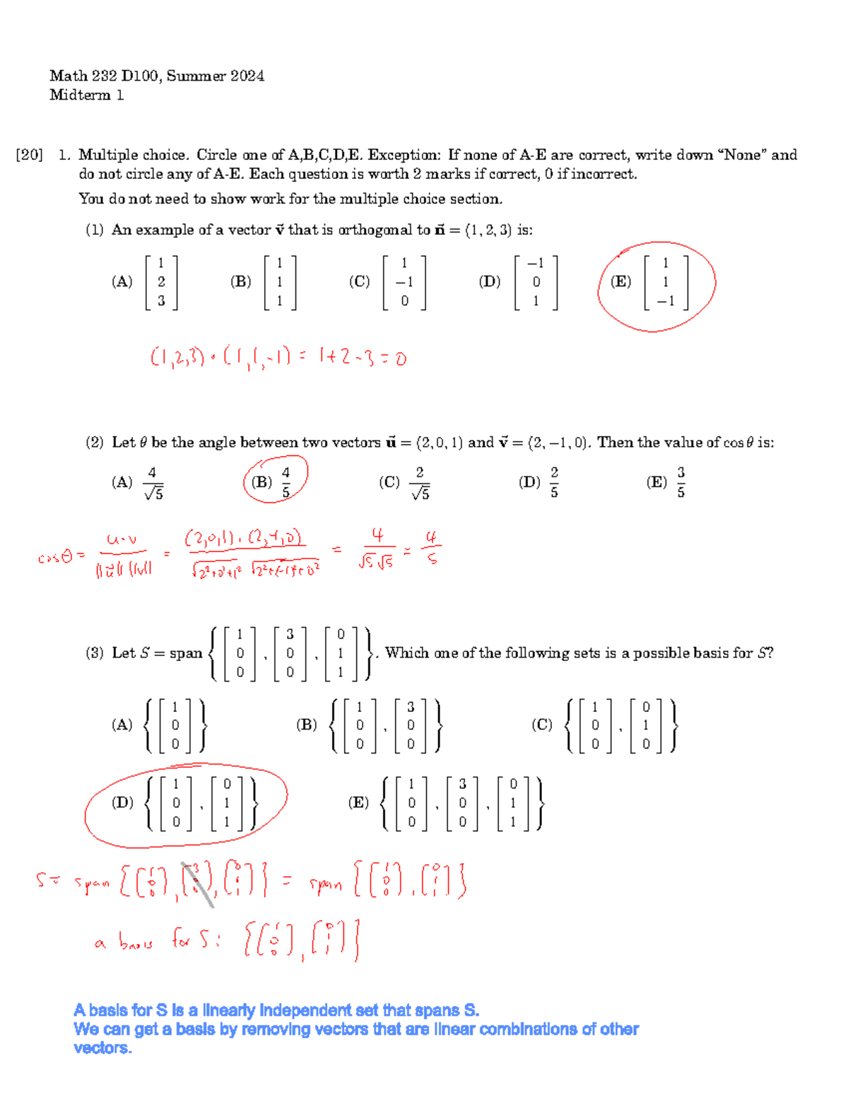 M232 Midterm 1 solutions - Midterm 1 [20] 1. Multiple choice. Circle ...