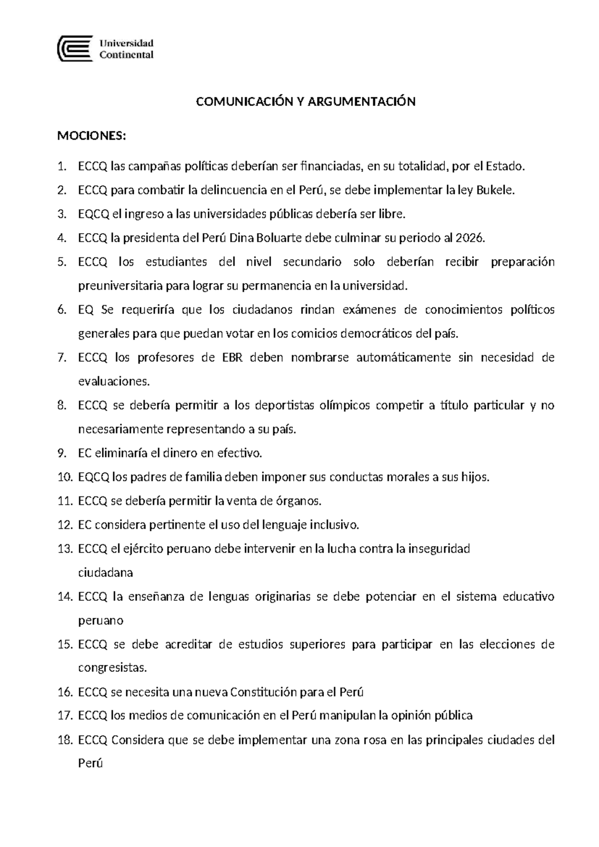 Mociones de Debate: Propuestas Controversiales y Análisis Crítico - Studocu