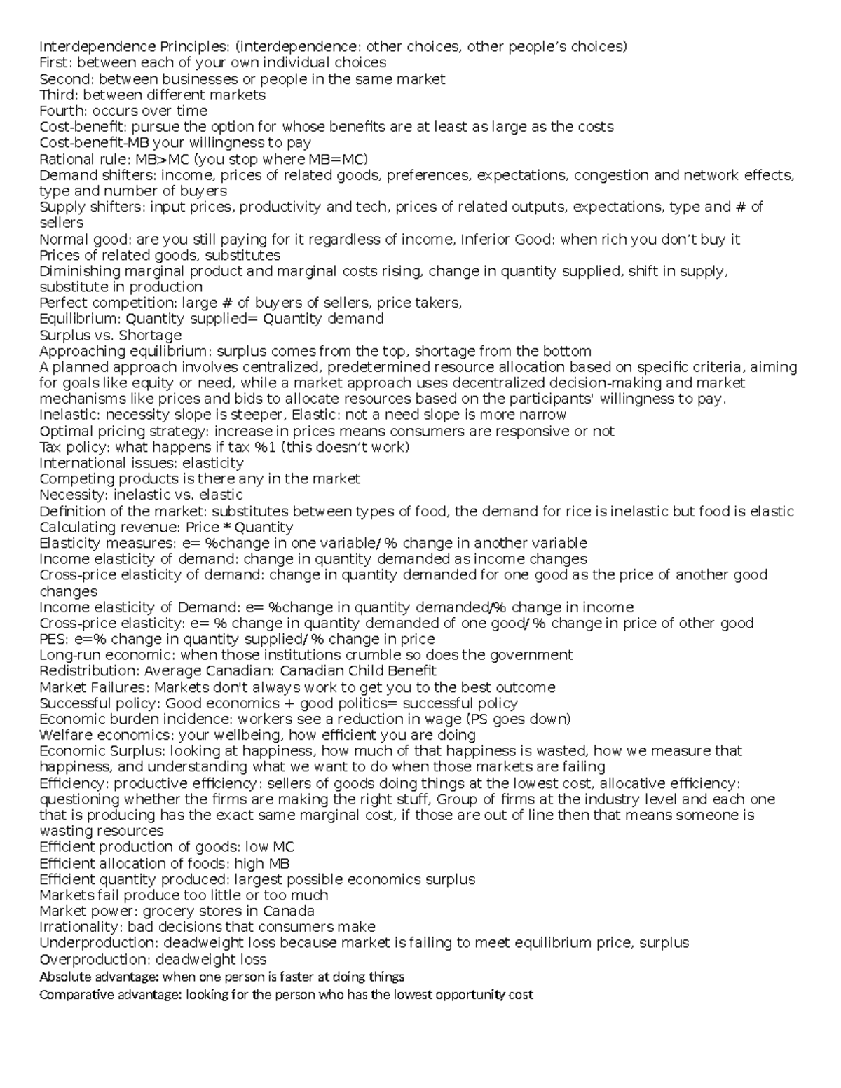 EC120 Midterm Study Sheet: Interdependence & Market Principles - Studocu