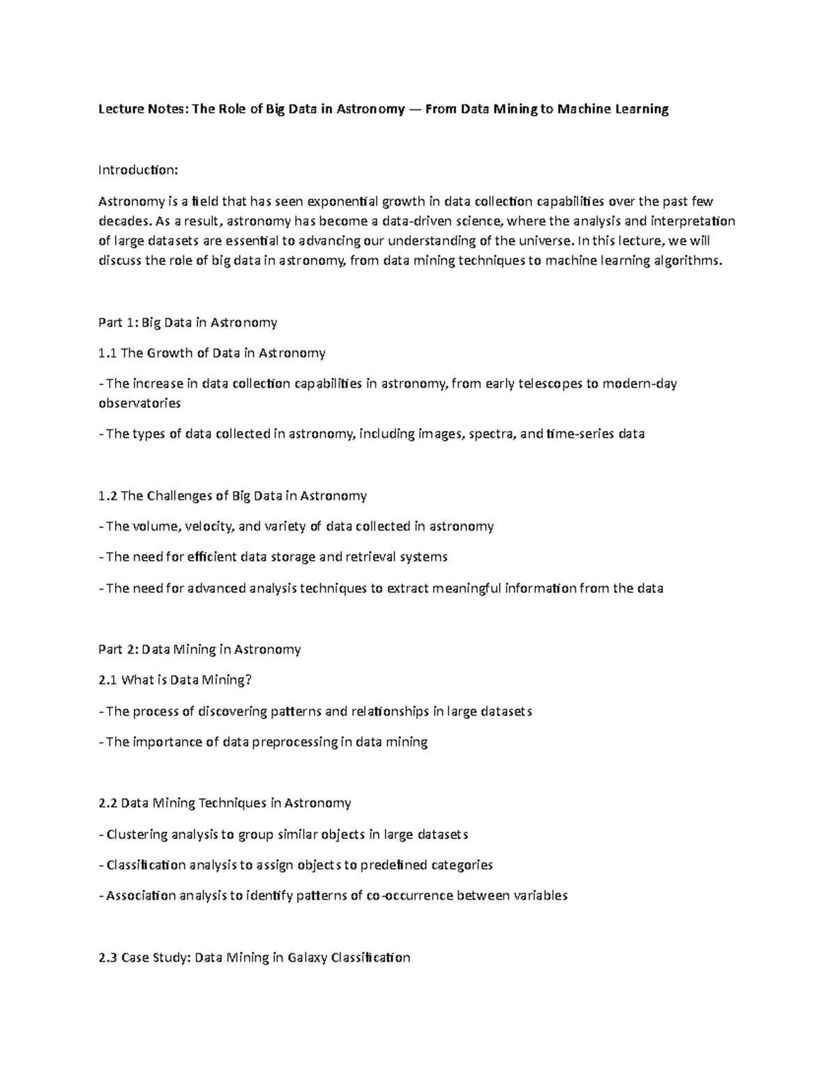 Lecture Notes: The Role of Big Data in Astronomy — From Data Mining to ...