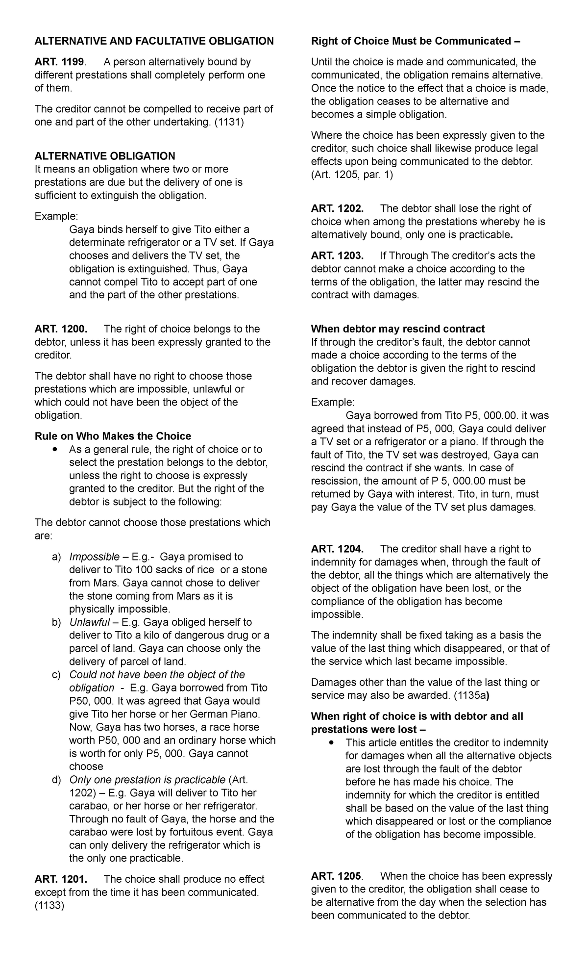 Alternative and Facultative Obligations: Key Concepts and Articles ...