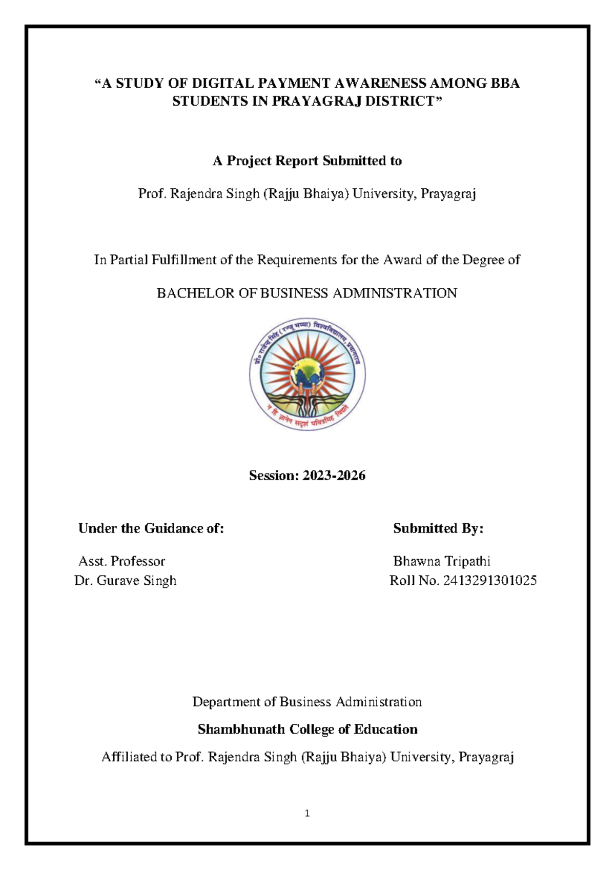 Digital Payment Awareness Study Among BBA Students in Prayagraj - Studocu