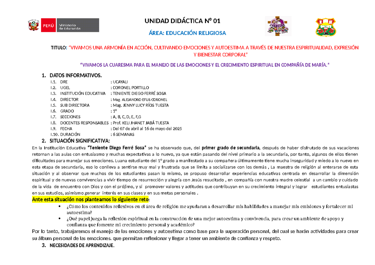 Unidad Didáctica 01: Cultivando Emociones y Autoestima en Educación ...