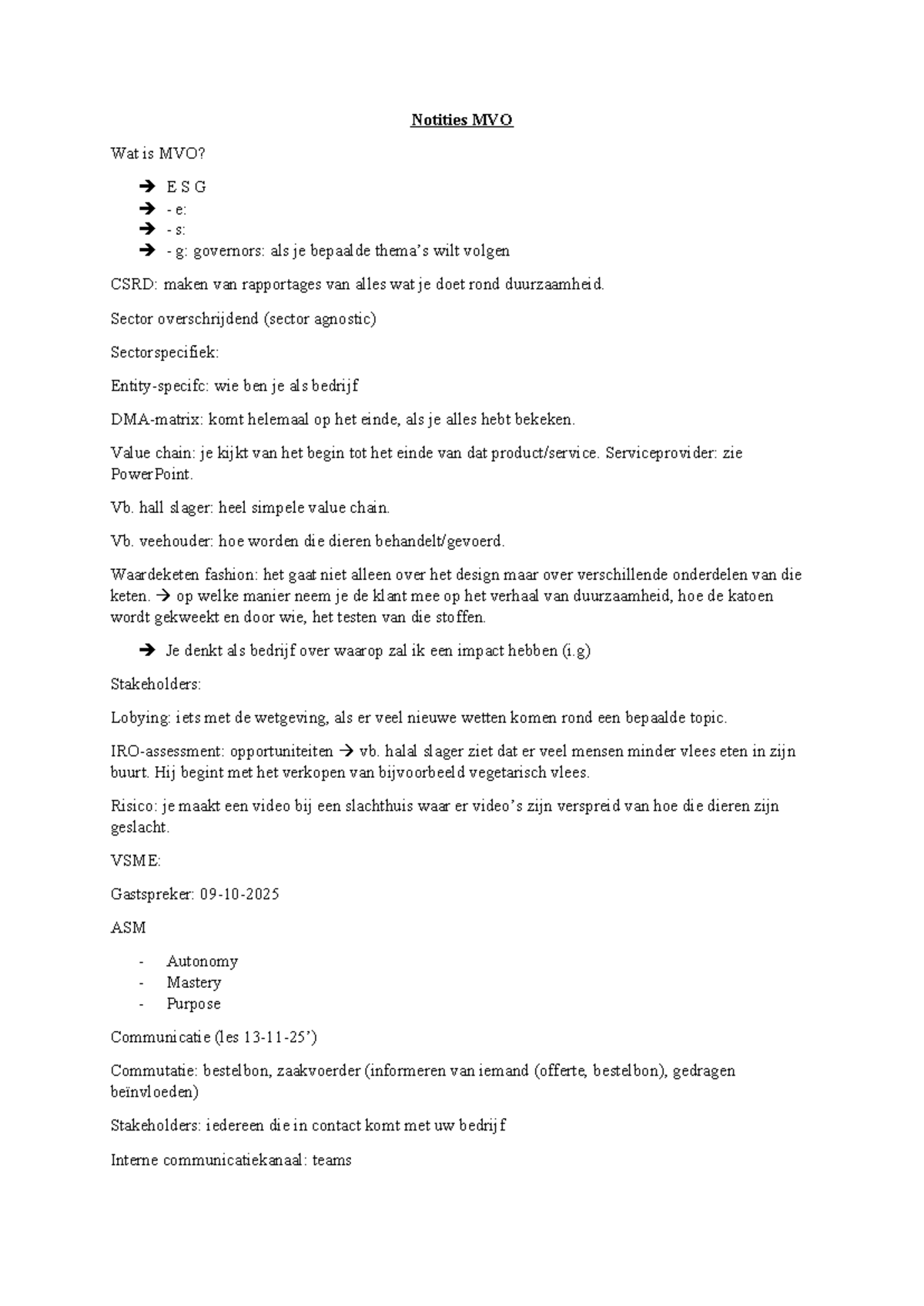 MVO Notities: Duurzaamheid en ESG in de Waardeketen - Studocu