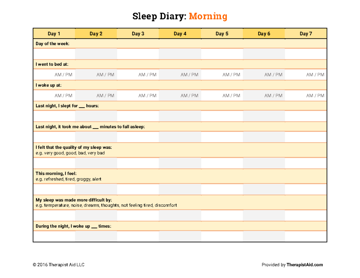 Sleep Diary - Practicum Client Handout for Monitoring Sleep Patterns ...