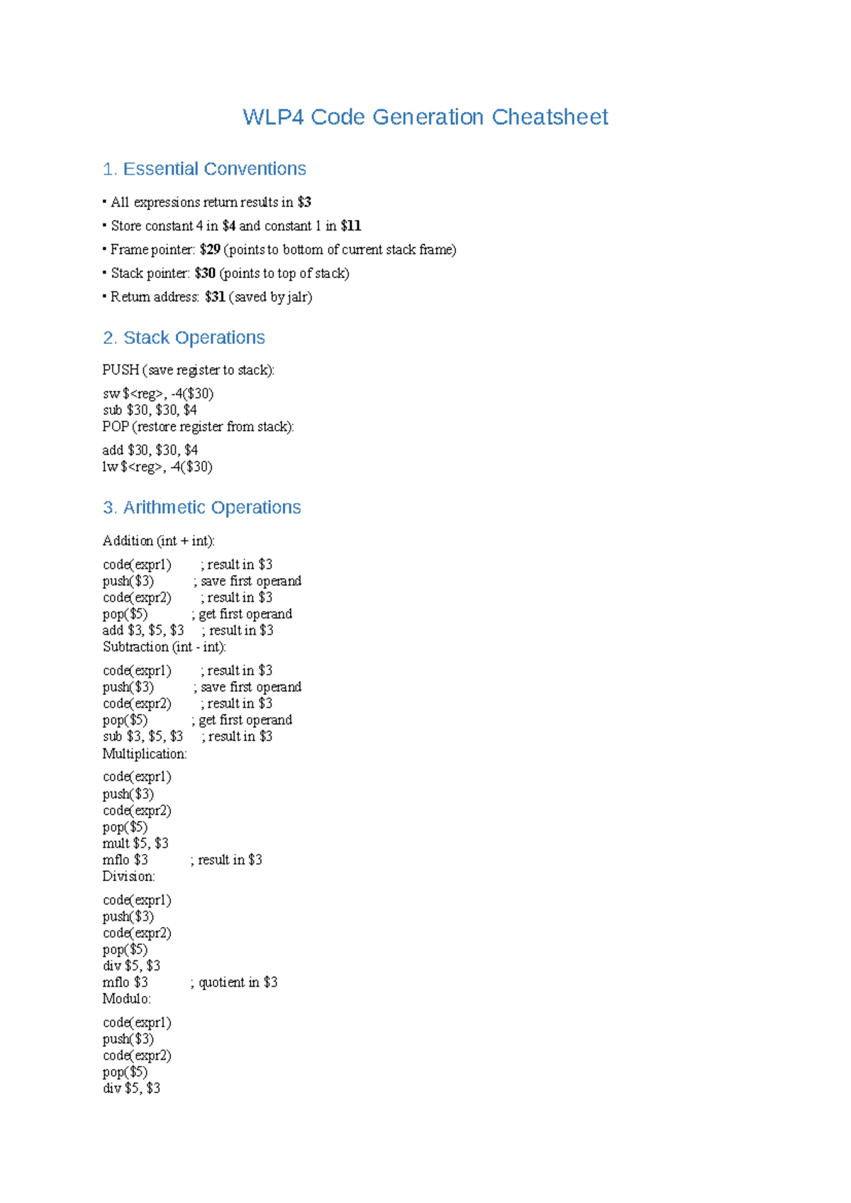 WLP4 Code Generation Cheatsheet: Essential Operations & Conventions ...