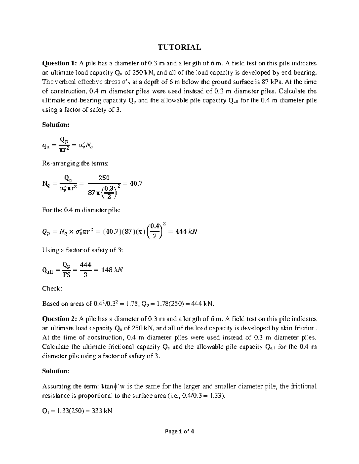 Tutorial Week 6 - Pile Capacity Calculations & Solutions - Studocu