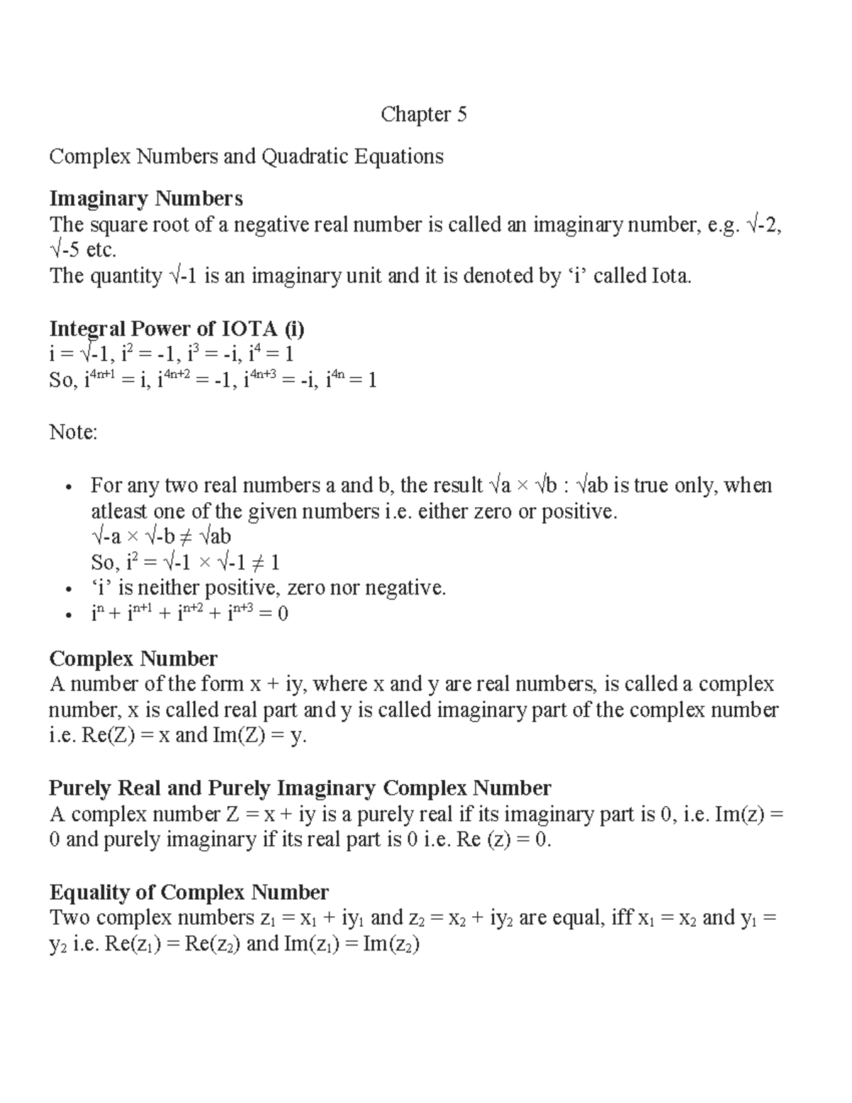 Chapter 5: Complex Numbers & Quadratic Equations - Worksheets - Studocu