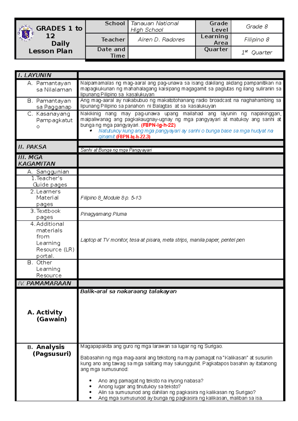 Sanhi at Bunga ng mga Pangyayari - Filipino 8 Lesson Plan - Studocu
