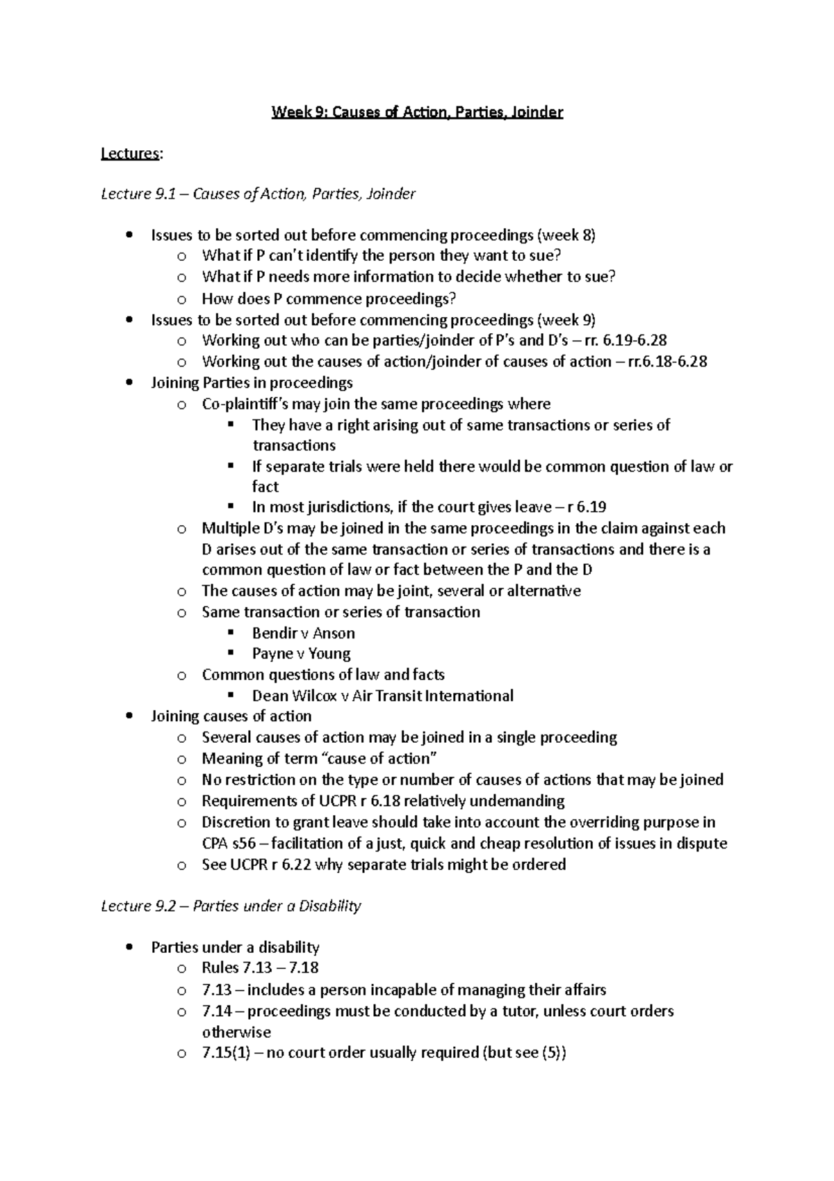 Remedies and Procedure Week 9 Notes - Week 9: Causes of Action, Parties ...