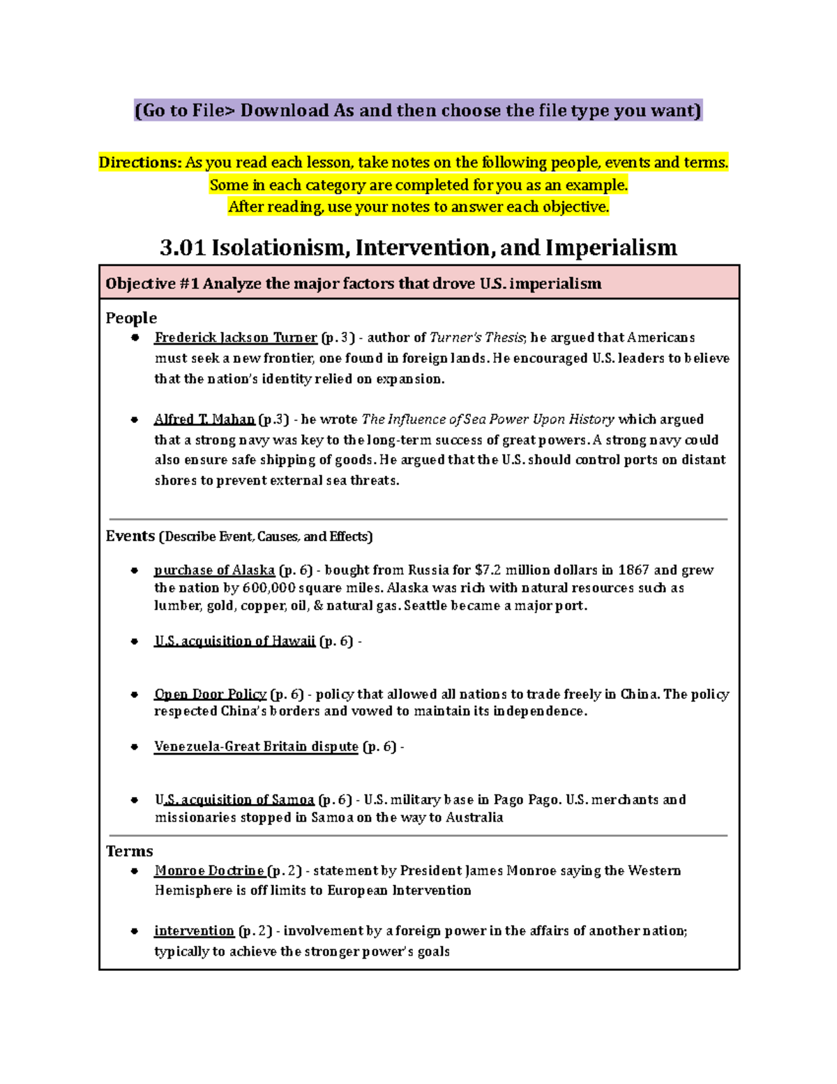 V21 Mod 3 Note Taking Guide: U.S. Imperialism & World War I Insights ...
