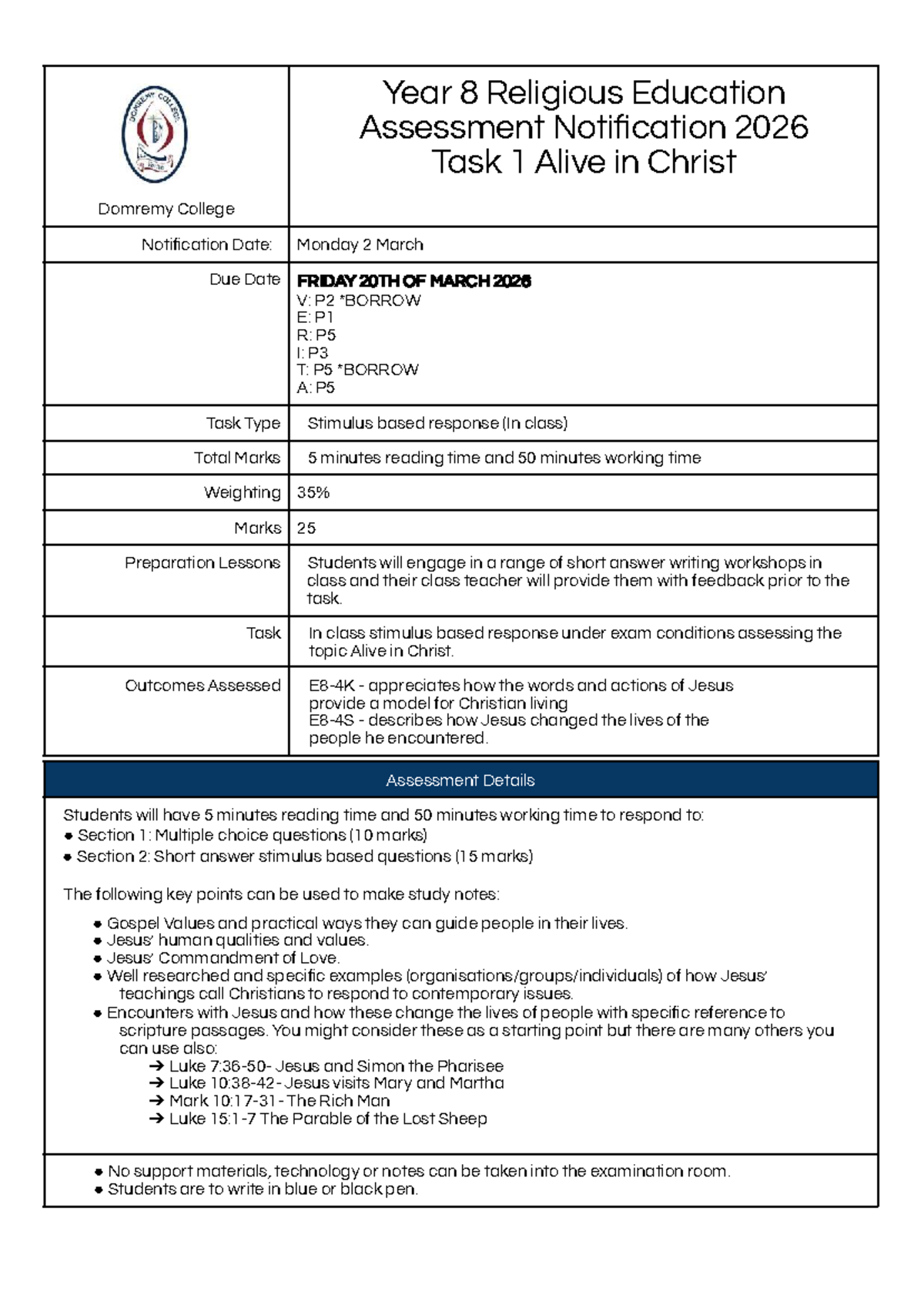 Year 8 RE Assessment Notification: Task 1 - Alive in Christ 2026 - Studocu