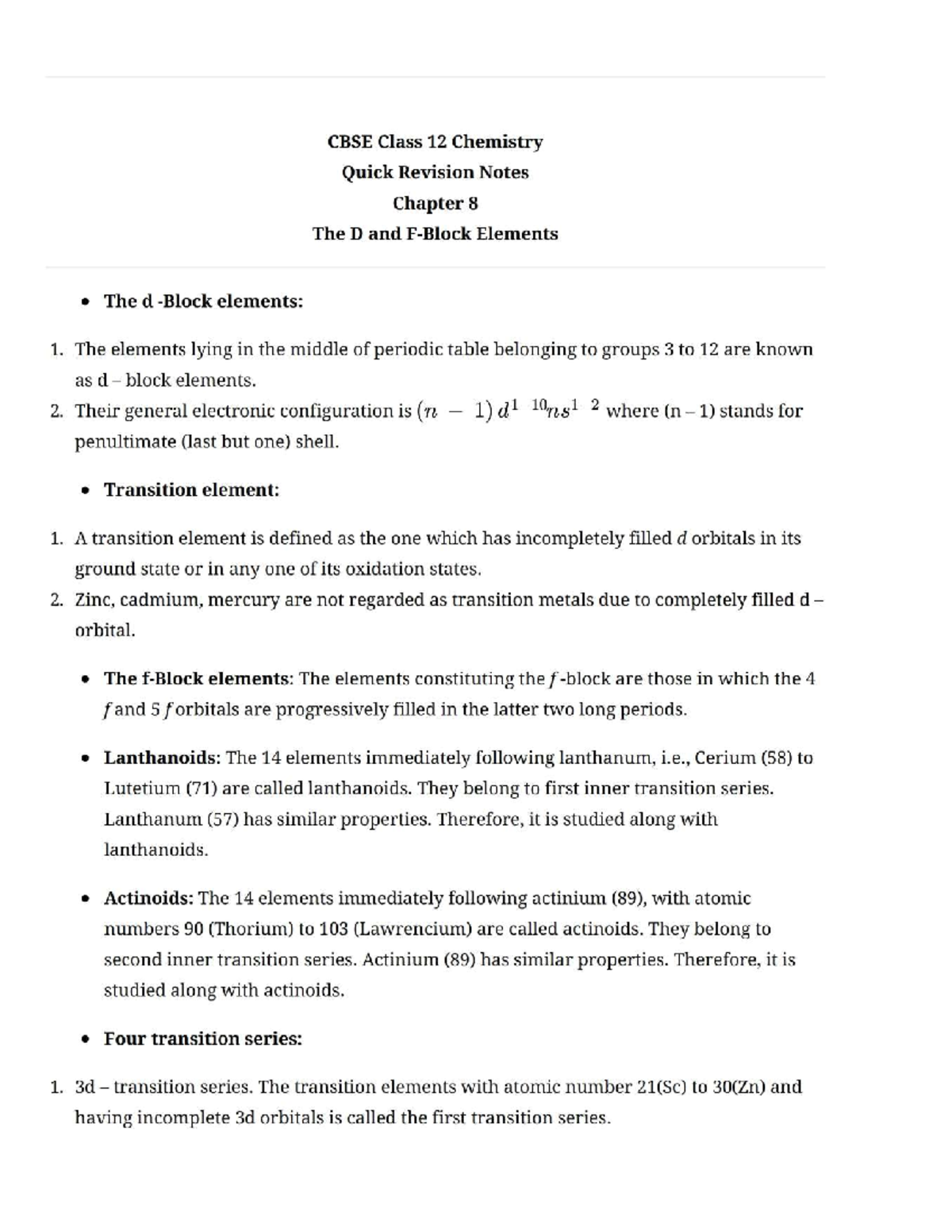 CBSE Class 12 Chemistry Quick Revision Notes: Chapter 8 - The d ...