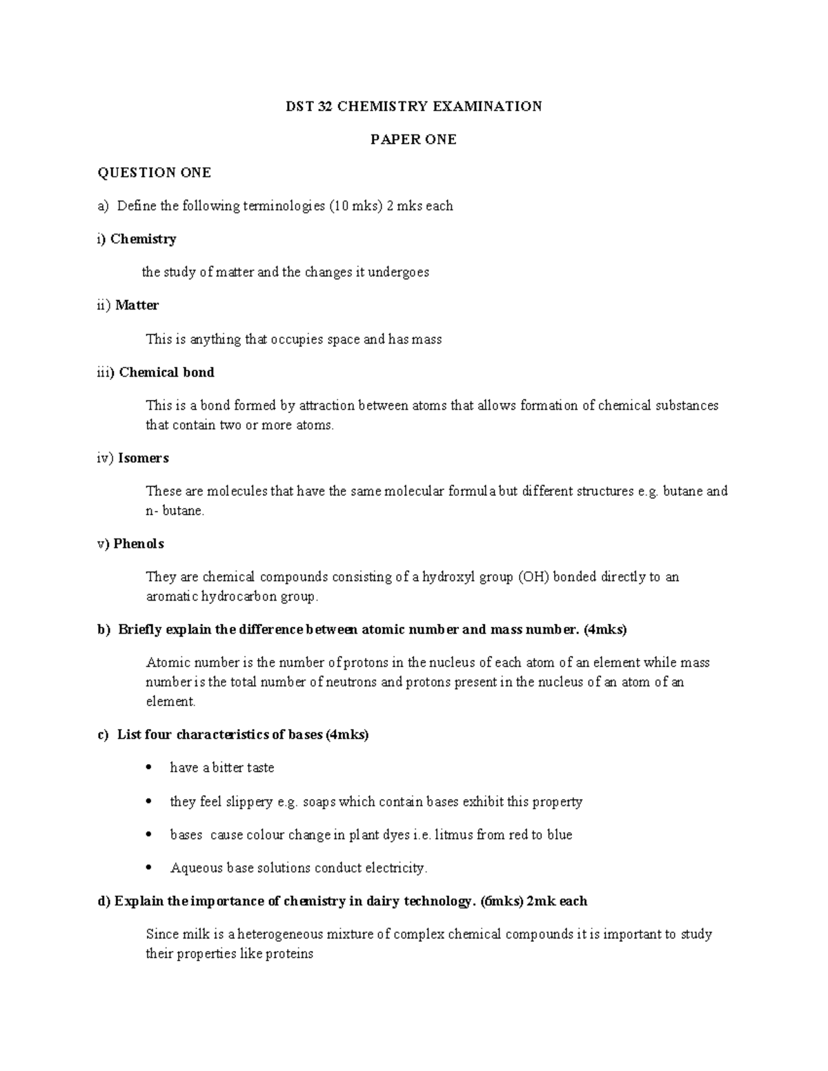 DST 32 CHEMISTRY EXAMINATION PAPER 1: KEY CONCEPTS & DEFINITIONS - Studocu