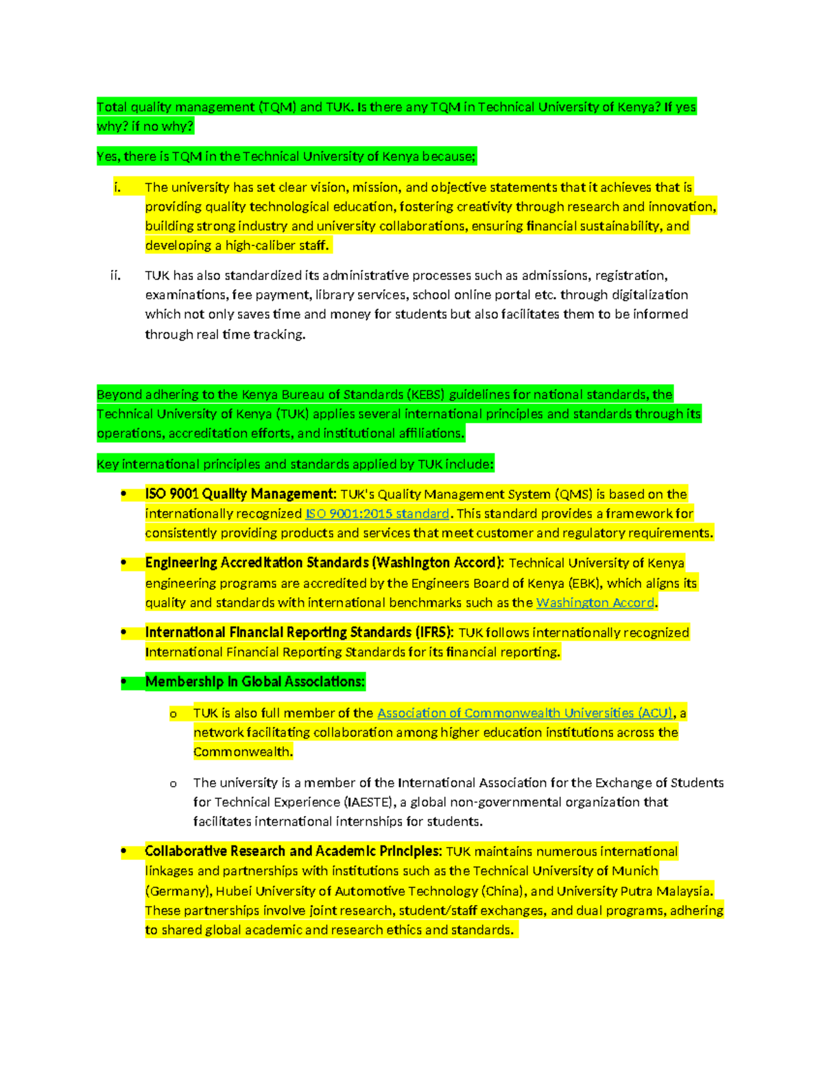 TQM Assignment 2B: Total Quality Management at TUK - Studocu