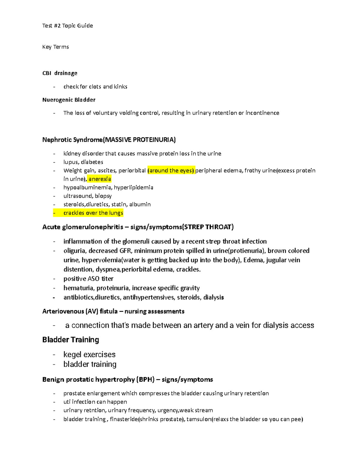 Test #2 Topic Guide: Key Terms for CBI, Nephrology, and Urology - Studocu