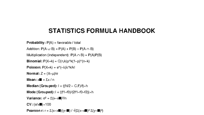 ASO Formula Handbook - ......................... - STATISTICS FORMULA HANDBOOK Probability: P(A ...