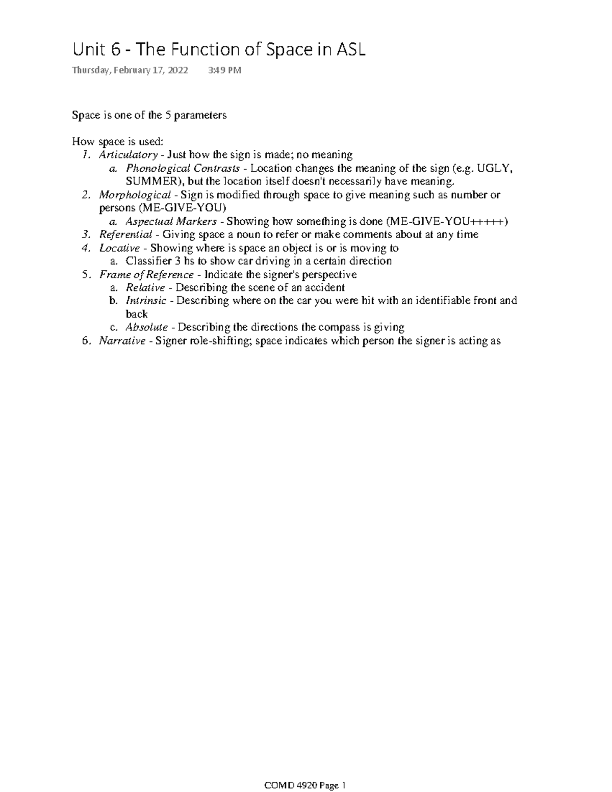 Unit 6: Understanding the Role of Space in ASL (COMD 4920) - Studocu