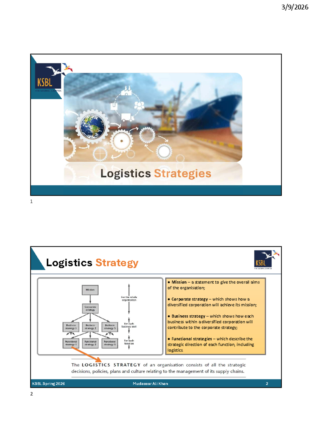 Lecture 3: Logistics Strategies Overview - KSBL Spring 2026 - Studocu