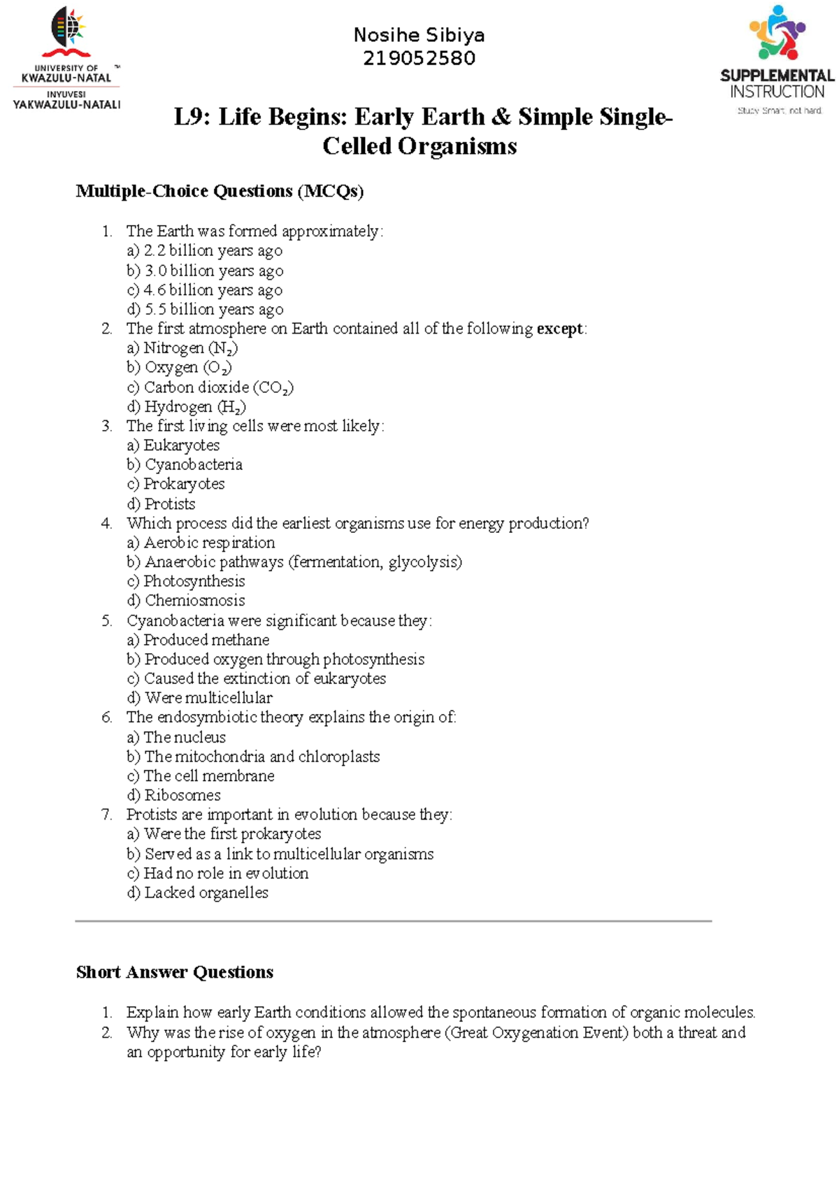 SI Worksheet Pop Quiz: Marine Invertebrates (L9-L14) MCQs & Short ...