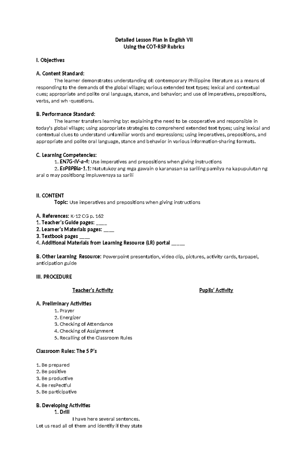 Detailed Lesson Plan: Imperatives & Prepositions (Eng 7) - Studocu