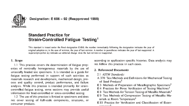 ASTM E606 92 (1998) Standard Practice for Fatigue Testing - Studocu