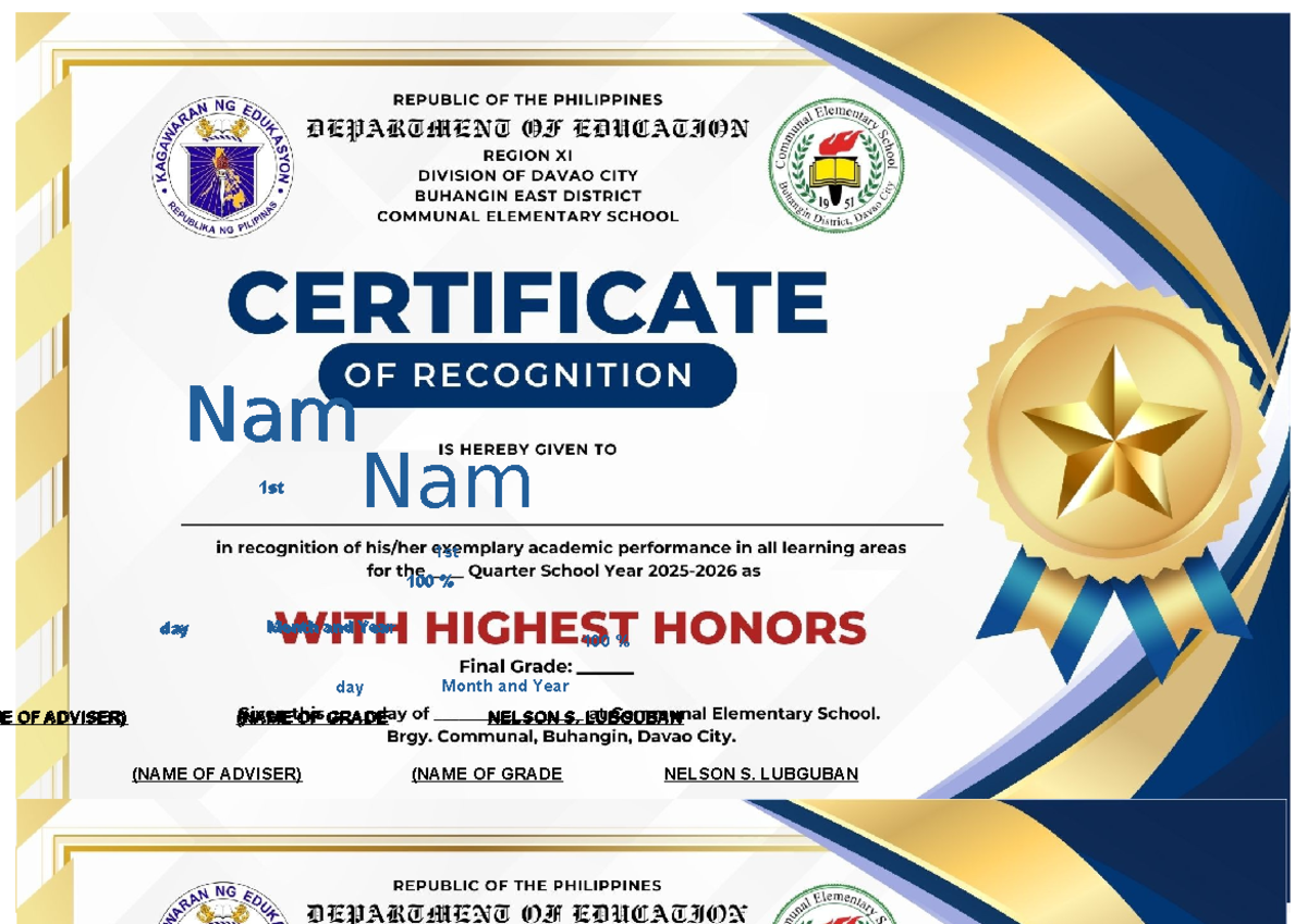 Honors- Certificate - Nam 1st 100 % day Month and Year Nam 1st 100 % ...