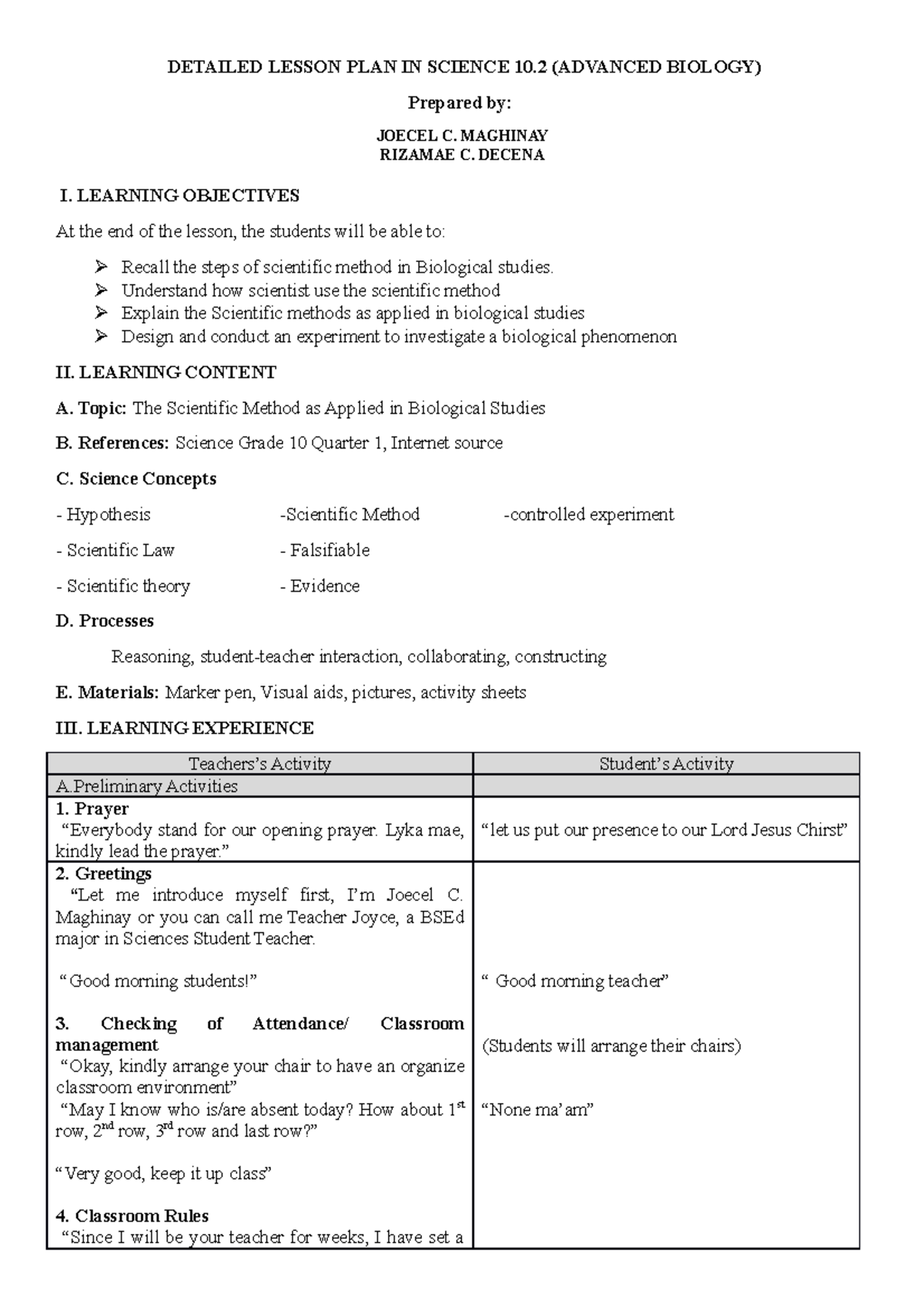 Detailed Lesson Plan on Scientific Method in Science 10.2 - Studocu