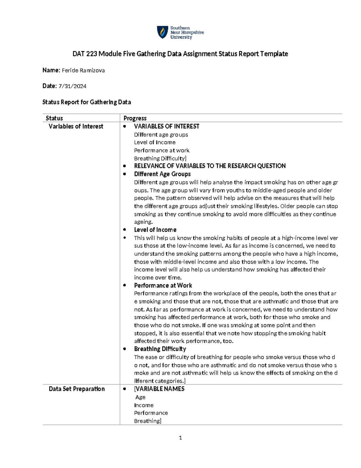 DAT 223 Module Five Gathering Data Assignment Status Report - Studocu