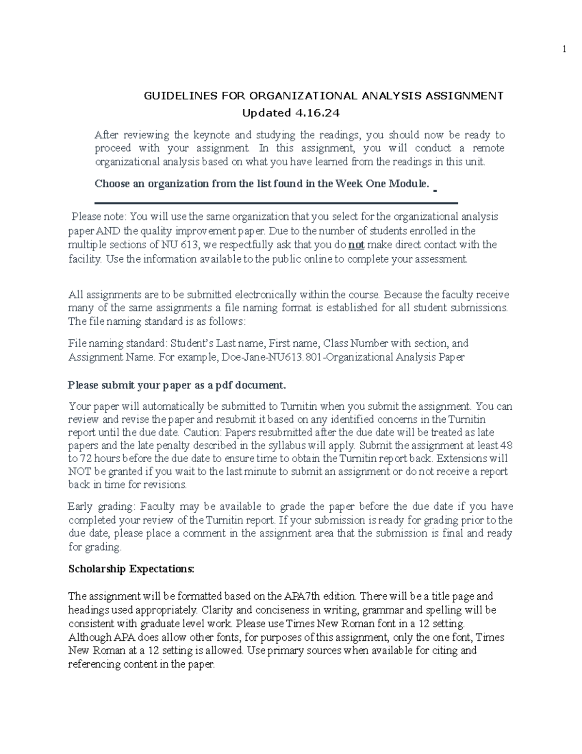 NU 613 Organizational Analysis Assignment Guidelines & Rubric - Studocu