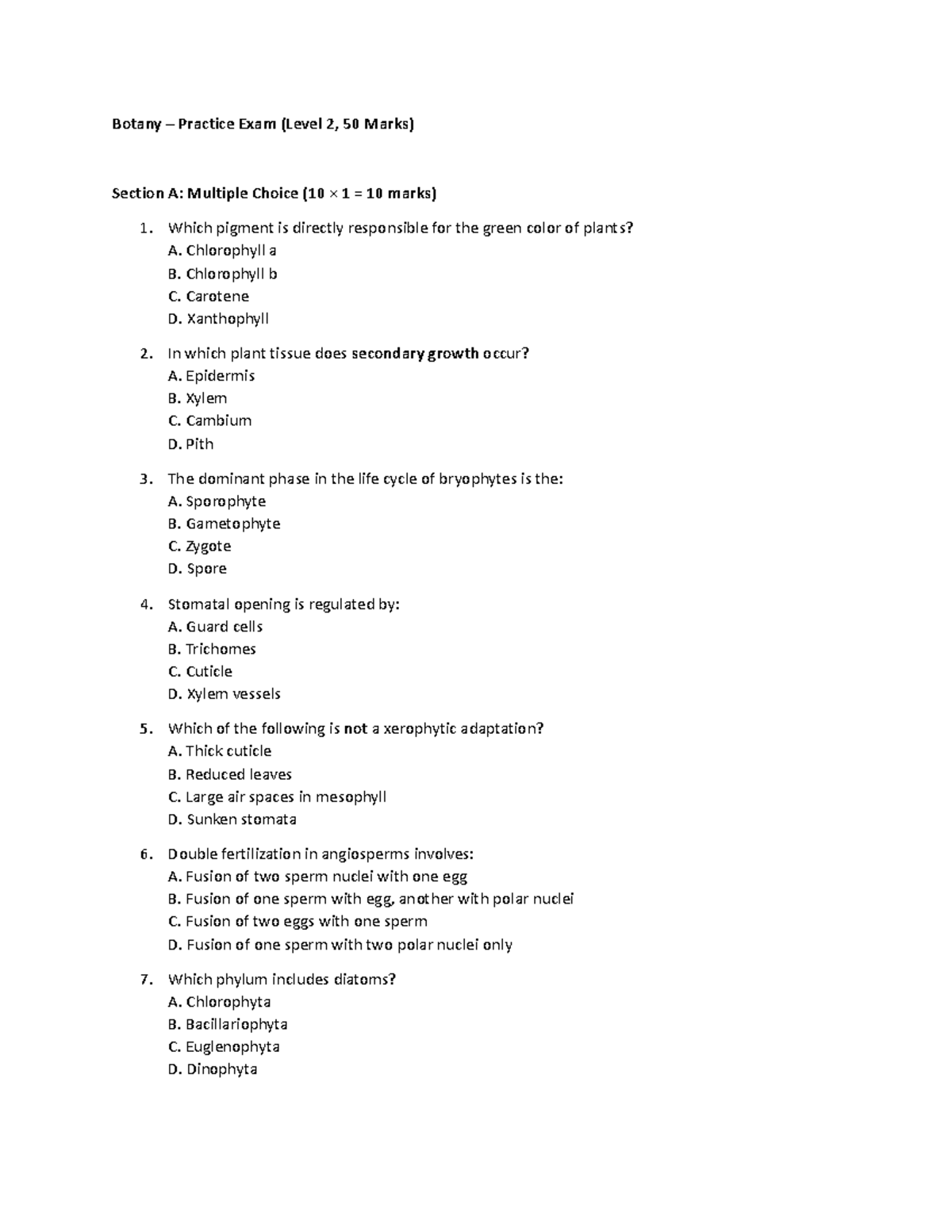 Botany Practice Exam PLKS 221: Multiple Choice & Short Answer - Studocu