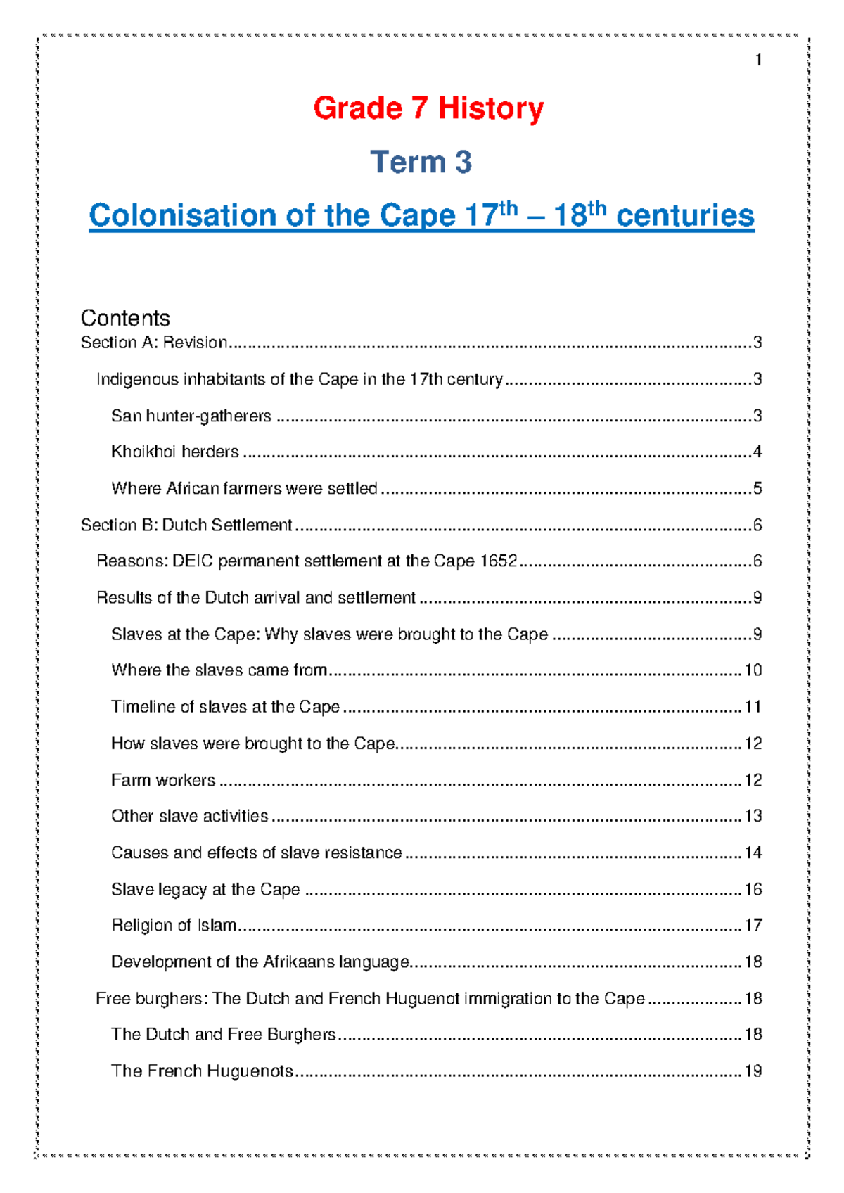 Grade 7 History Term 3: Colonisation of the Cape (17th-18th Centuries ...