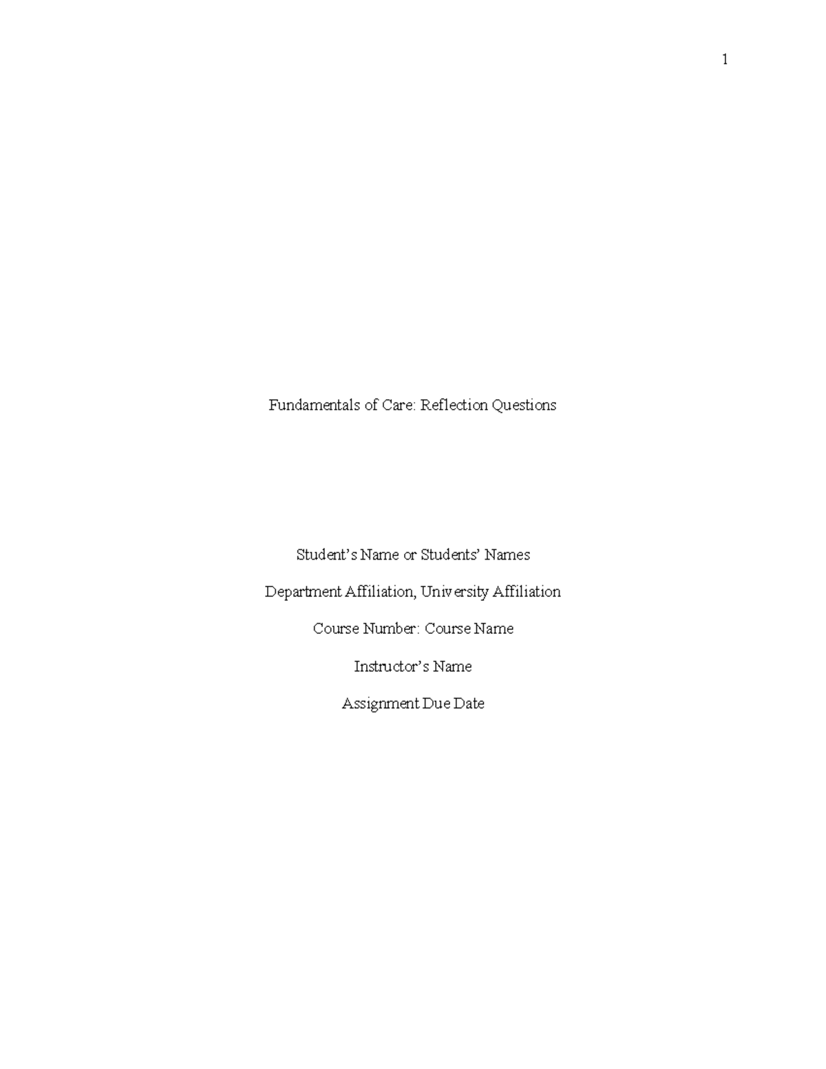 Fundamentals of Care: Reflection Questions for Course [Course Code ...