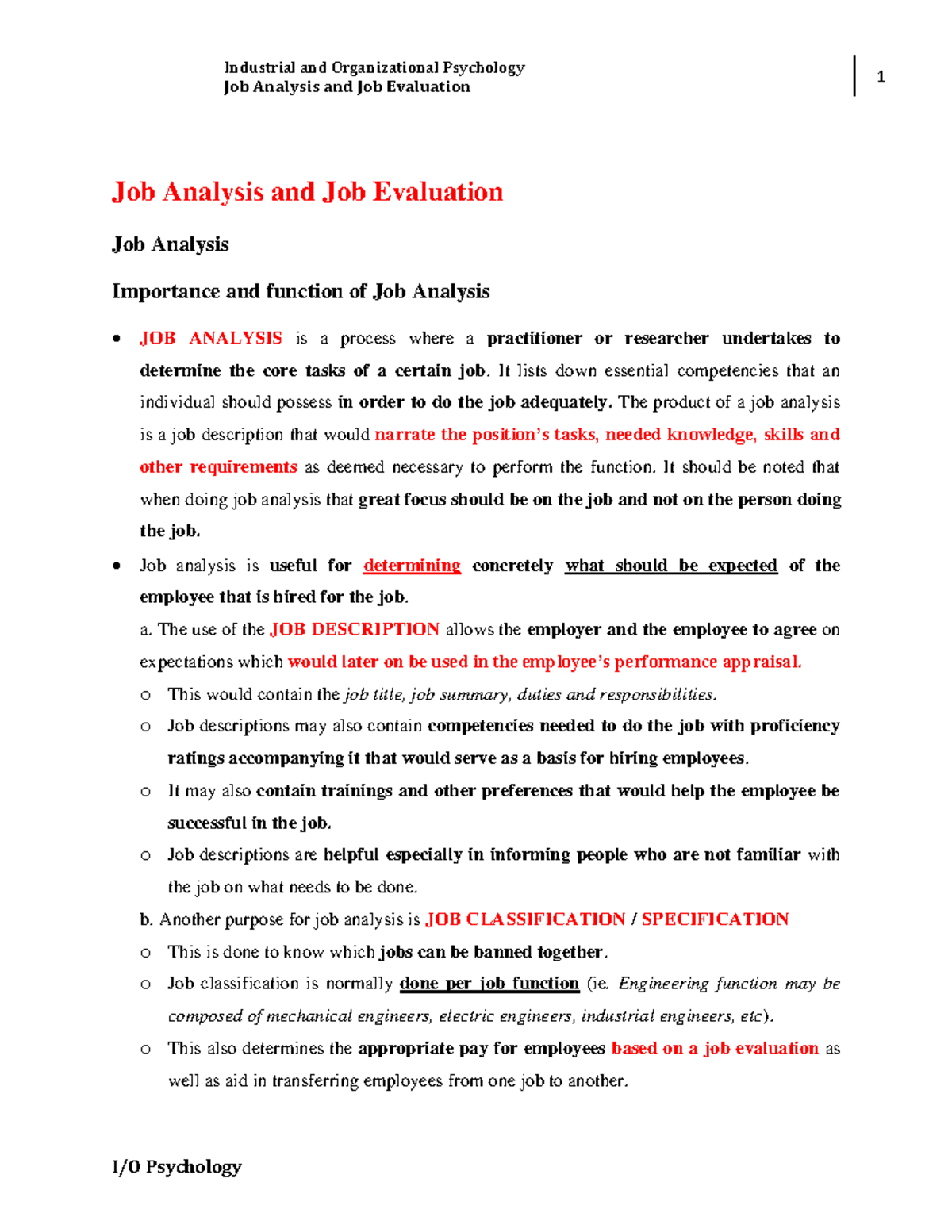 IO - Lesson 2: Job Analysis & Evaluation Overview 3 - Studocu